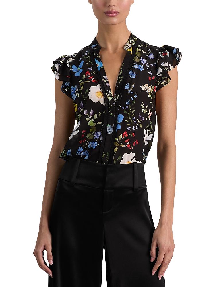 ALICE + OLIVIA Alice + Olivia Flutter Sleeve Silk Top with Floral Print